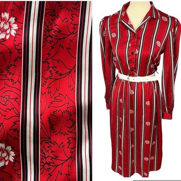 Vintage | Dresses | Vintage Red Button Front Long Sleeve Striped Midi ...